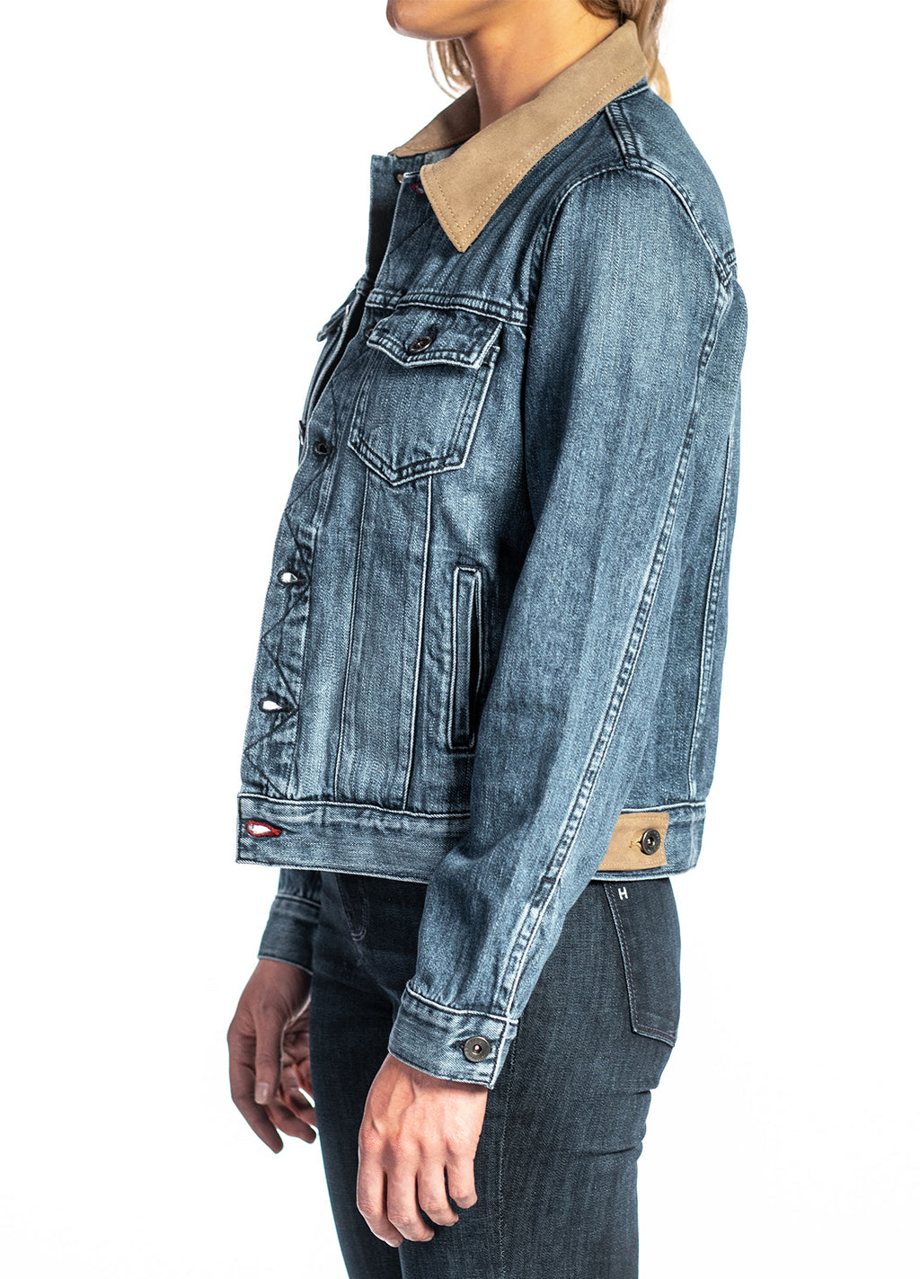 Denim & Taupe Suede Jacket (Indigo Stone) Navy Stitch – HAALA Denim