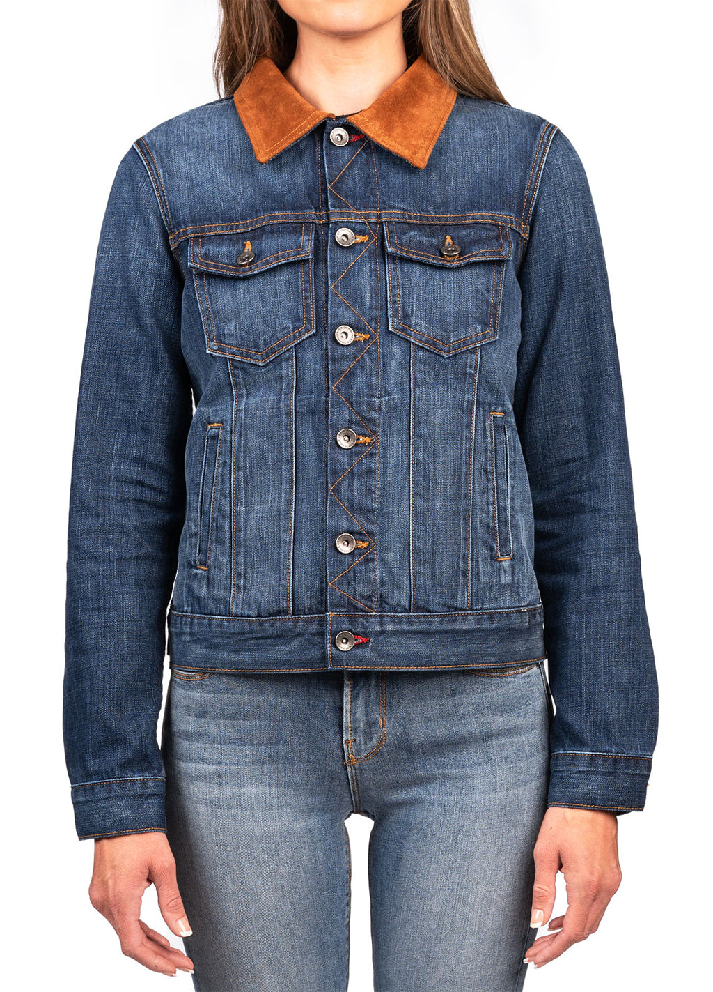 Denim & Brown Suede Jacket (Deep Ocean) Gold-Brown Stitch – HAALA Denim